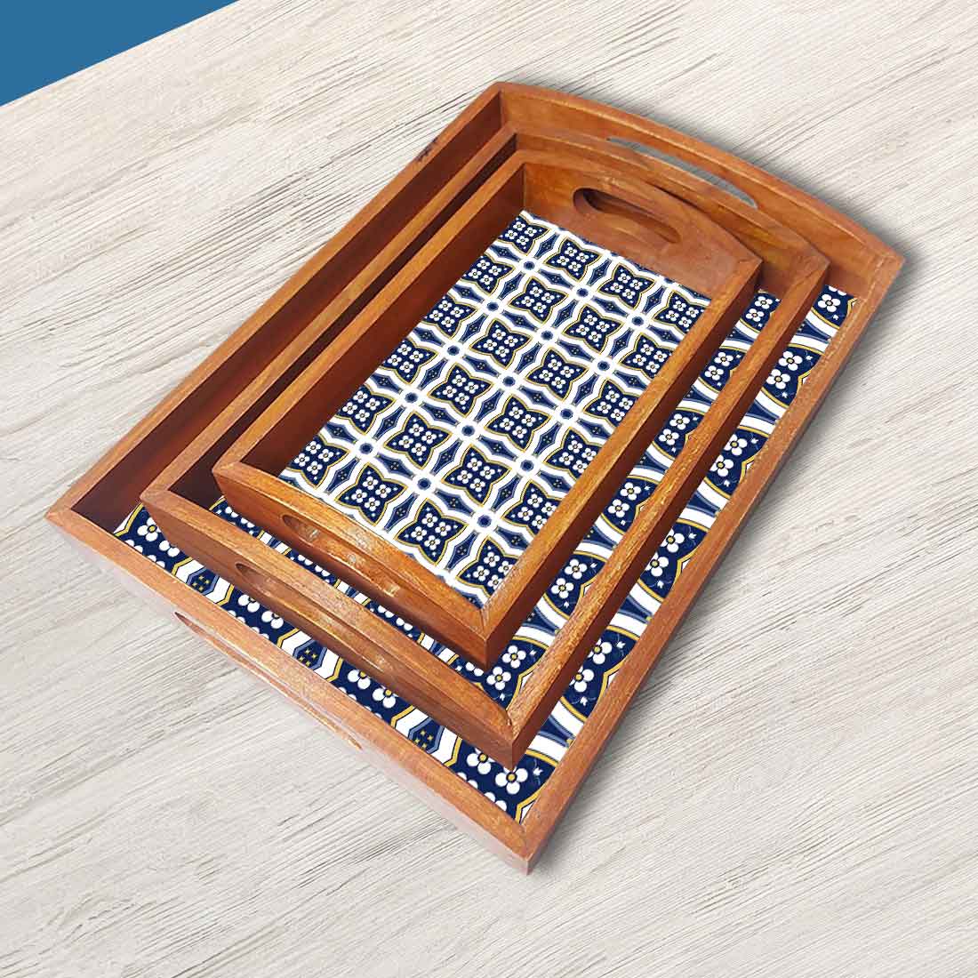 Buy Rectangular Wooden Tray with Handle Set of 3 Designer Trays Online ...